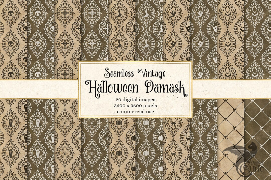 Vintage Halloween Damask Digital Paper, Seamless Distressed Textures ...