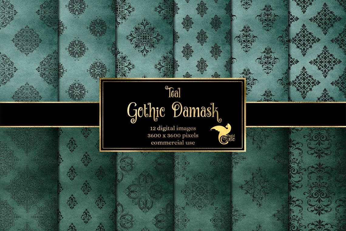 Teal Gothic Damask Digital Paper Vintage Antique Grunge - Etsy