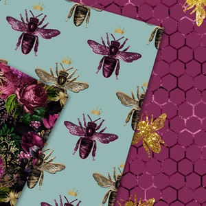 Lovely Bee Digital Paper, Gold Bee Clipart, Seamless Patterns, Burgundy ...