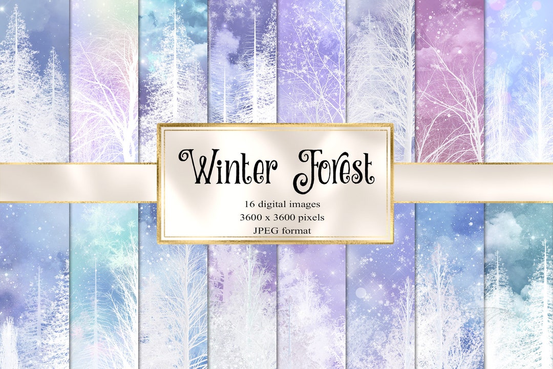 Winter Forest Digital Paper - Evergreen Woodland Snowflake Backgrounds ...