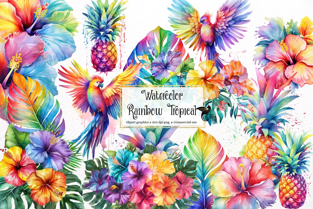Watercolor Rainbow Tropical Clipart, Digital Rainbow Graphics for ...