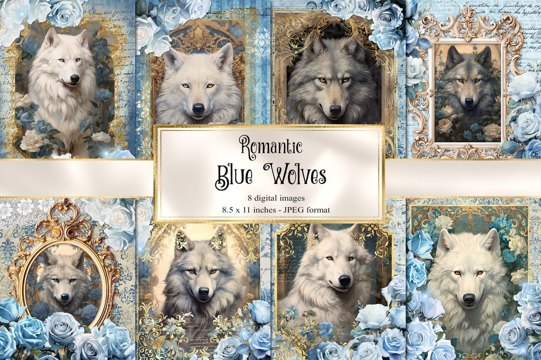 Romantic Blue Wolves Journal Paper, Notebook Digital Paper Rococo Junk ...