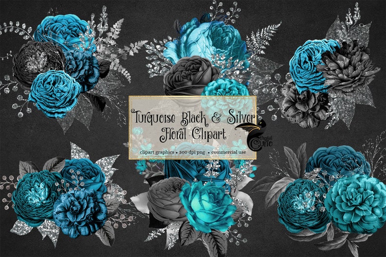 Turquoise Floral Clipart, Black and Silver Glitter Flowers (digital ...