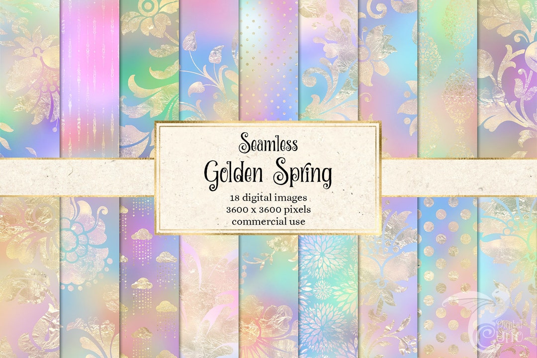 Golden Spring Digital Paper, Seamless Pastel Rainbow and Gold Floral ...