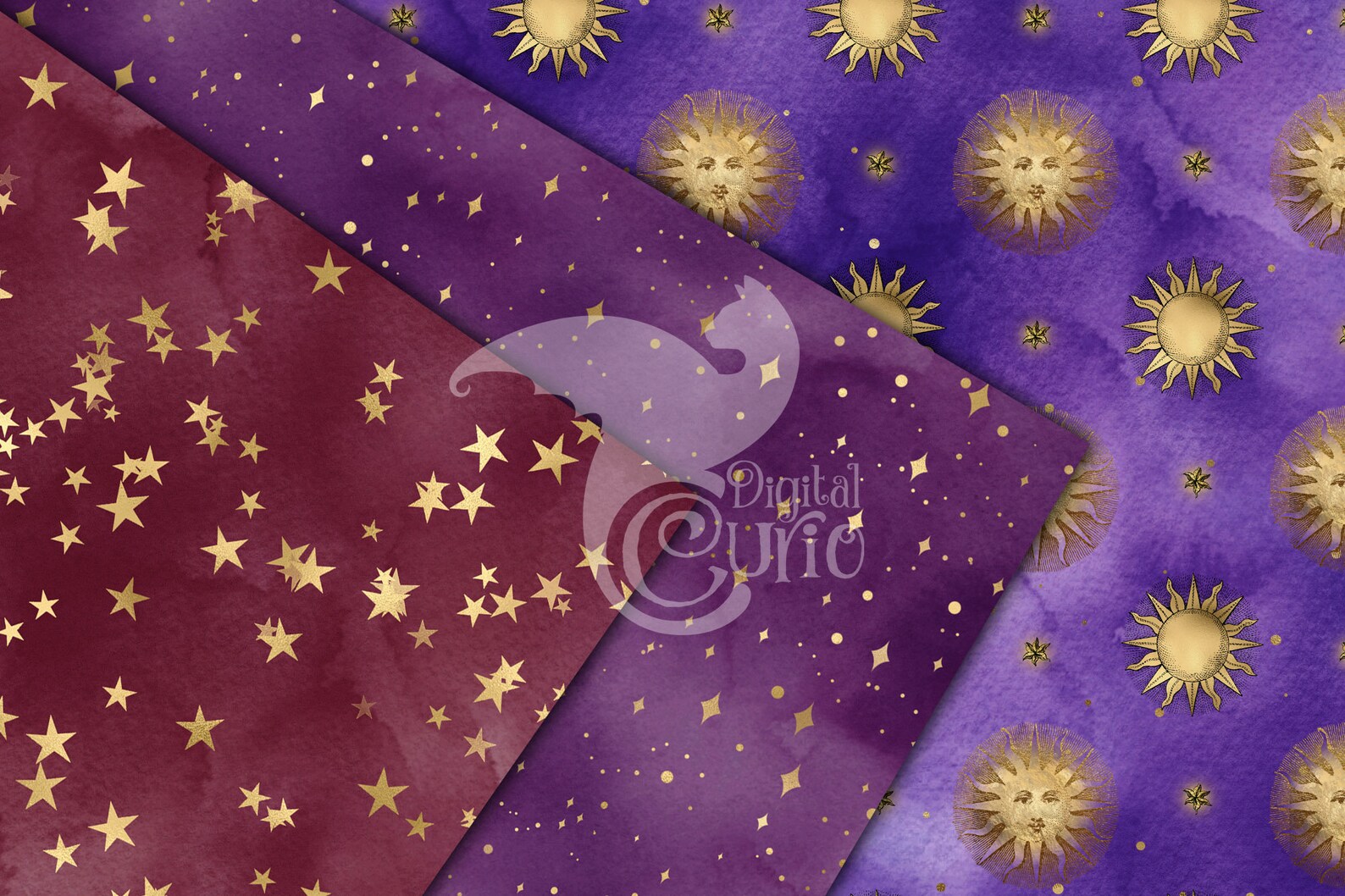 Dark Fantasy Watercolor Digital Paper – Celestial Gold Foil (seamless ...