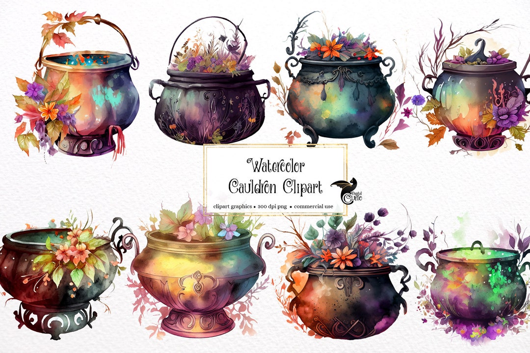 Watercolor Cauldron Clipart, Floral Witch PNG Clip Art Graphics Instant ...