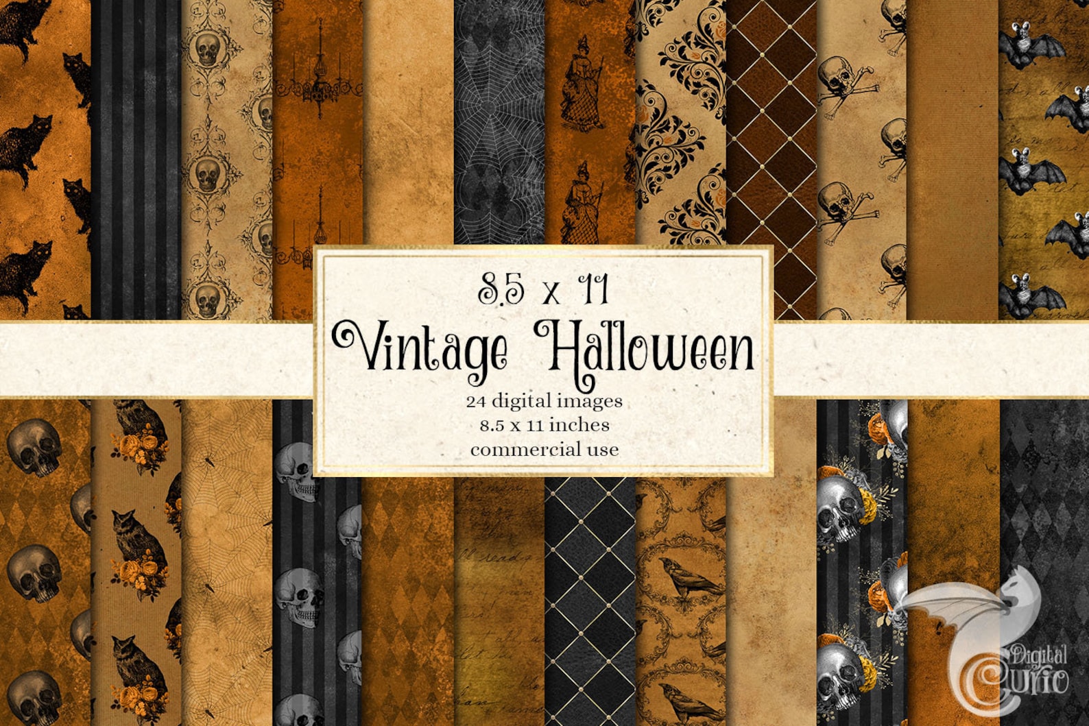 Vintage Halloween Digital Paper, Skull Damask Textures (8.5x11 ...