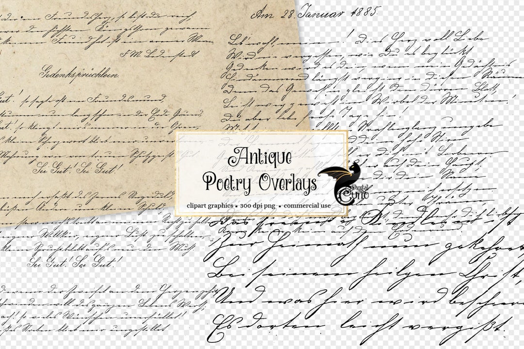Antique German Handwriting Overlays, Poetry Ephemera (PNG, Digital ...