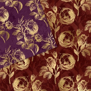 Elegant Roses Digital Paper, Seamless Gold Flower Patterns Printable ...