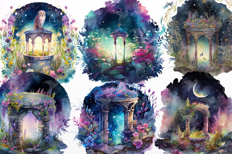 Watercolor Fantasy Wells Clipart - Fairy Night Garden PNG Format ...
