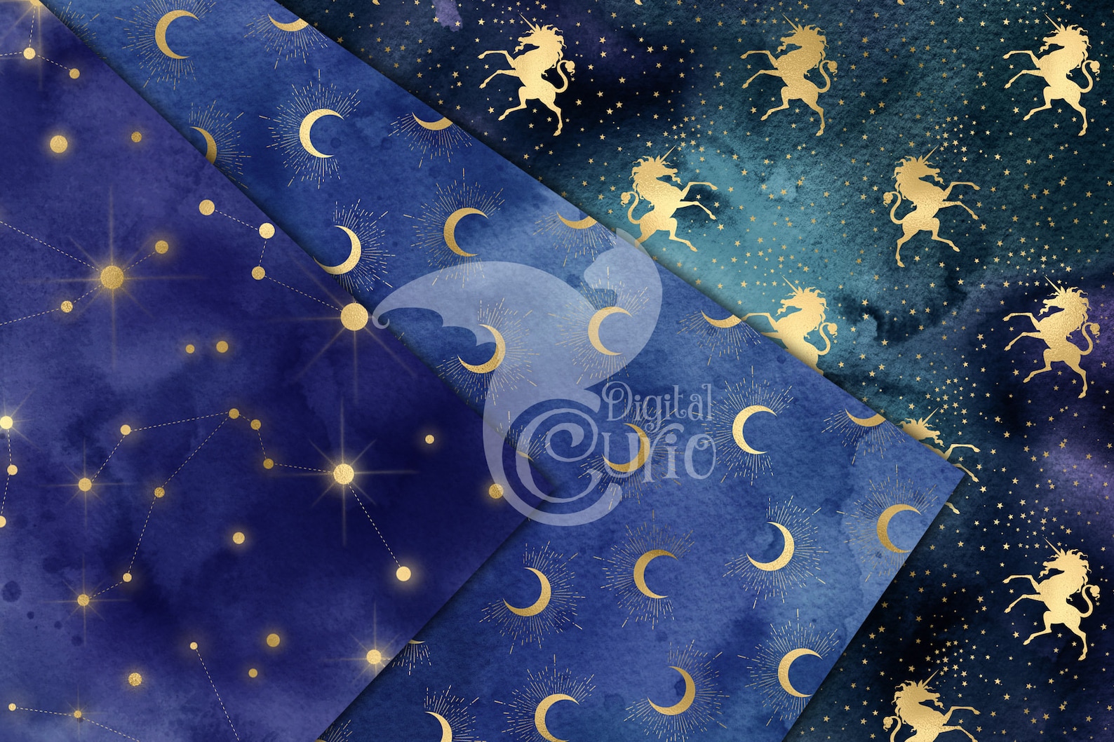 Dark Fantasy Watercolor Digital Paper – Celestial Gold Foil (seamless ...