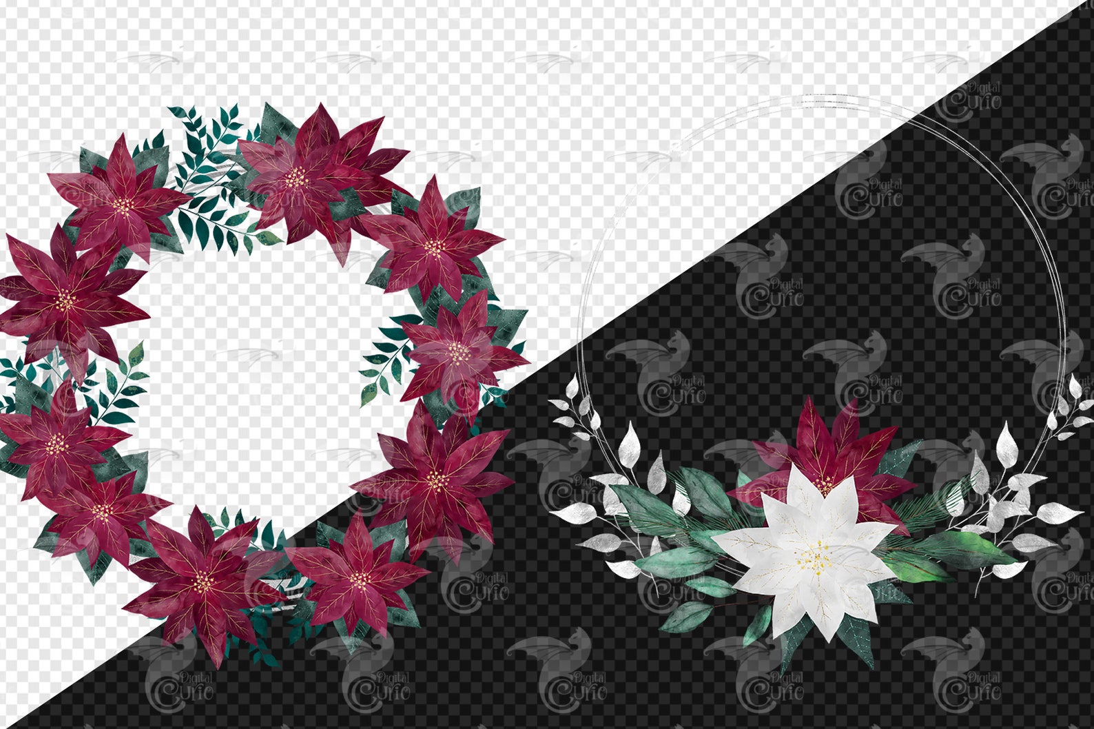 Poinsettia Wreath Clipart Christmas Floral Wreath Clip Art in - Etsy