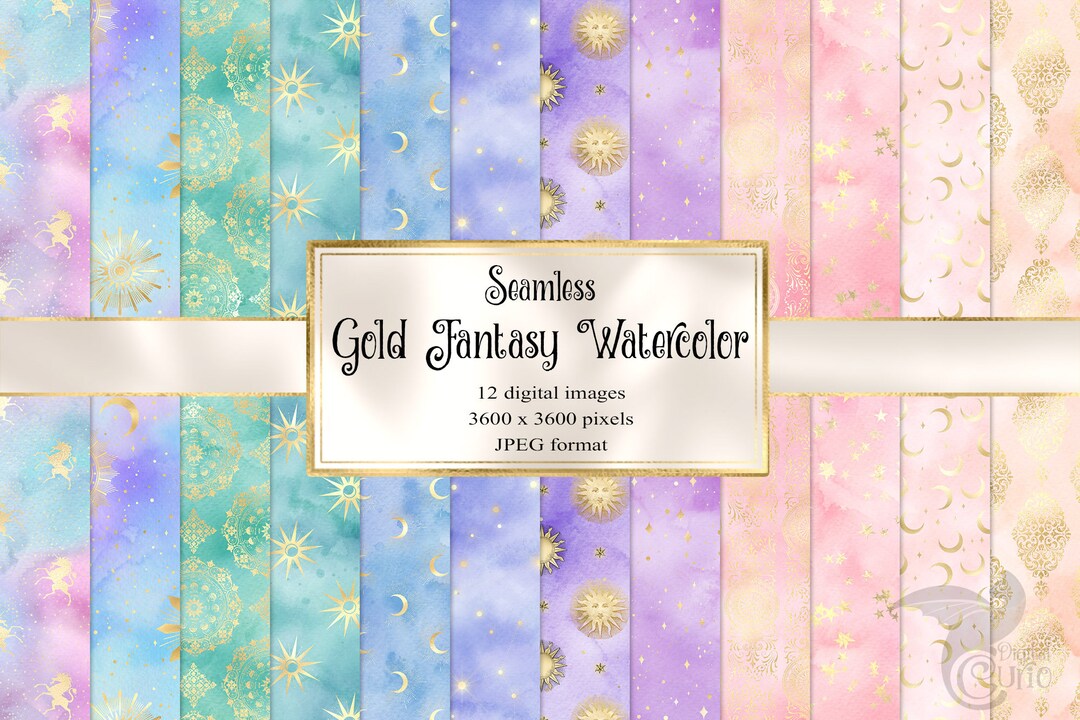 Gold Fantasy Watercolor Digital Paper - Seamless Mystic Celestial ...
