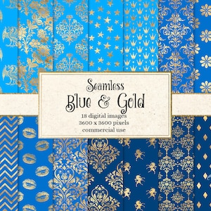 Blue and Gold Digital Paper, Seamless Gold and Blue Patterns, Foil ...