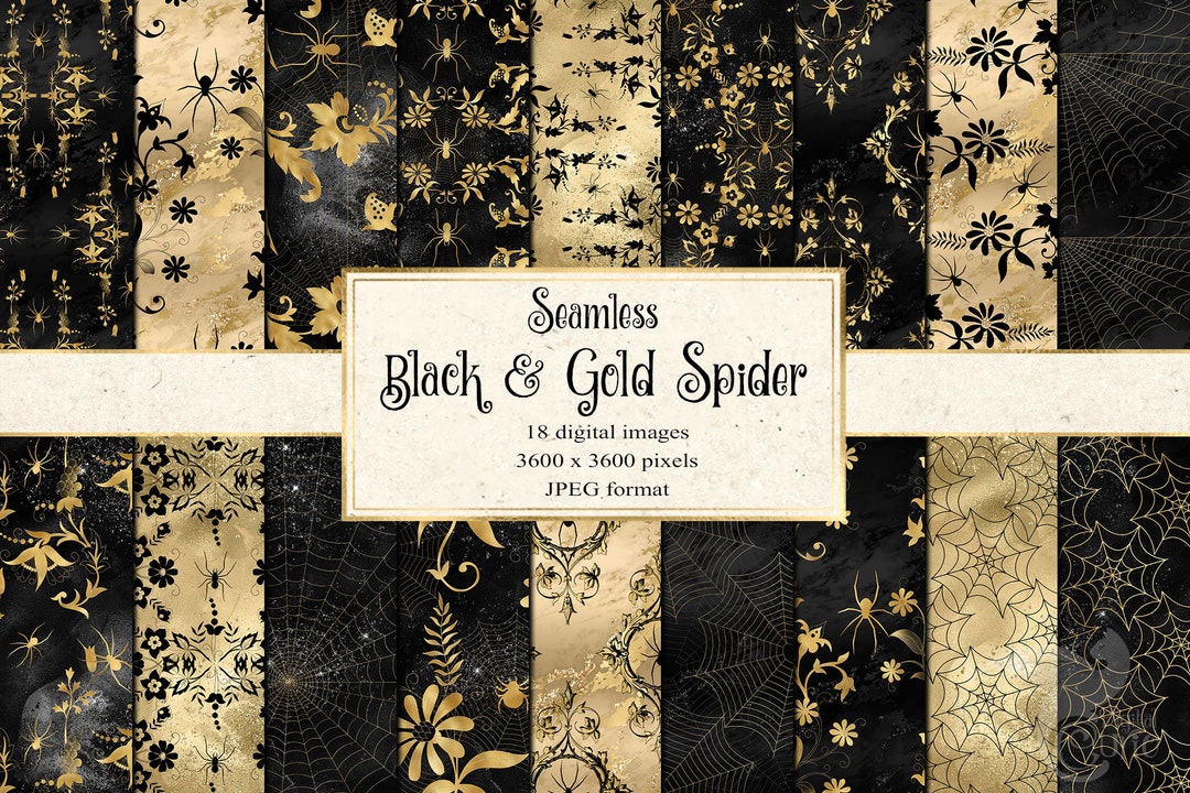 Black and Gold Spider Digital Paper, Seamless Gothic Patterns With ...