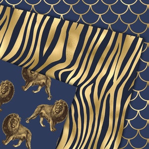Navy and Gold Animal Skins Digital Paper, Seamless African Animal Print ...