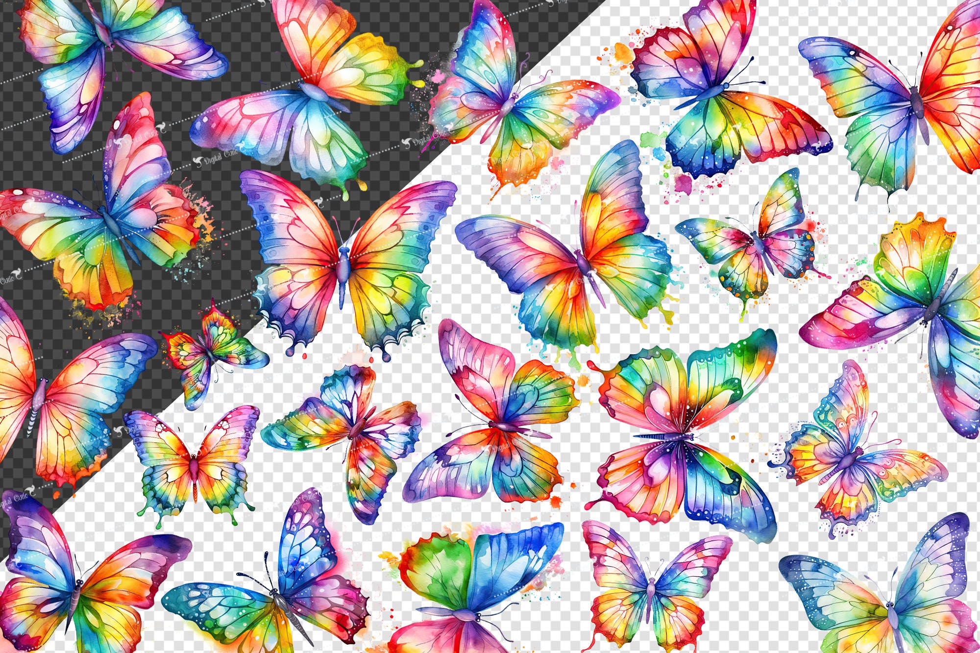 Watercolor Rainbow Butterfly Clipart, PNG Graphics (digital Download ...