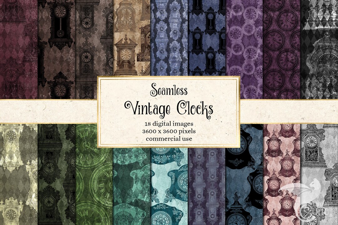 Vintage Clocks Digital Paper, Seamless Antique Steampunk Patterns and ...