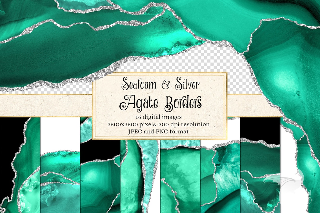 Seafoam Agate Border Clipart, Silver Glitter Geode Overlays (digital ...