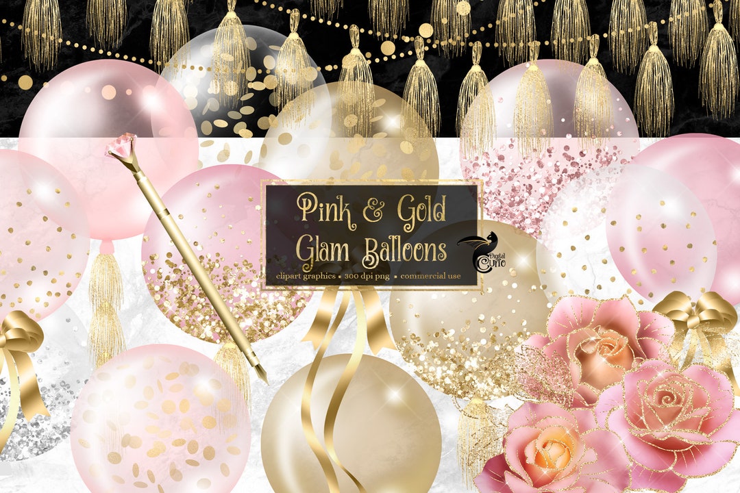 Pink and Gold Glam Balloons Clipart - Digital Clip Art Graphics for ...