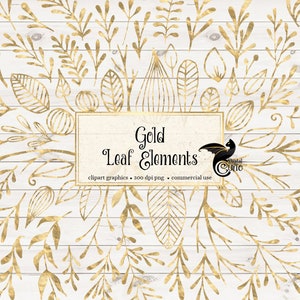 Gold Leaf Elements Clipart, Gold Foil Hand Drawn Botanical Clip Art Png ...