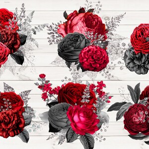Crimson Black and Silver Floral Clipart, Red Flower Bouquets Black and ...