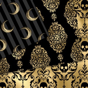 Black and Gold Halloween Digital Paper, Gothic Witch, Skulls (digital ...