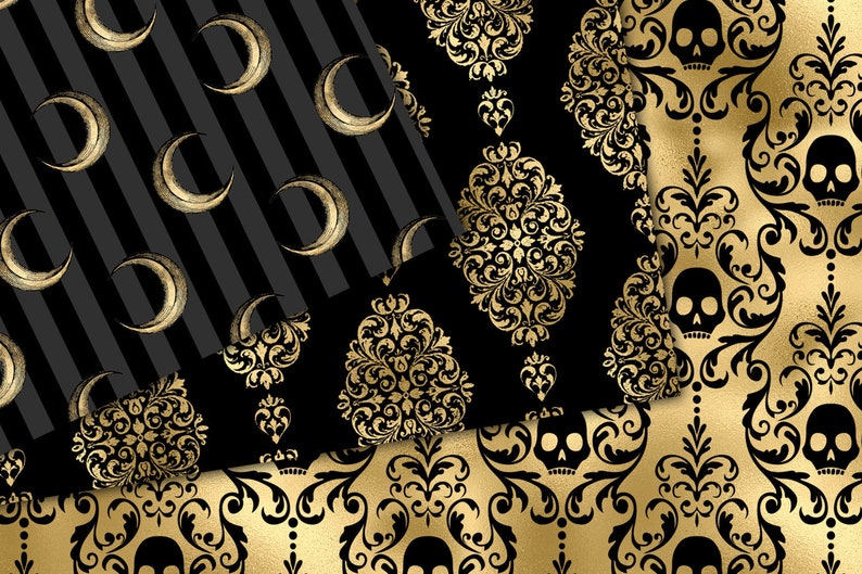 Black and Gold Halloween Digital Paper, Gothic Witch, Skulls (digital ...