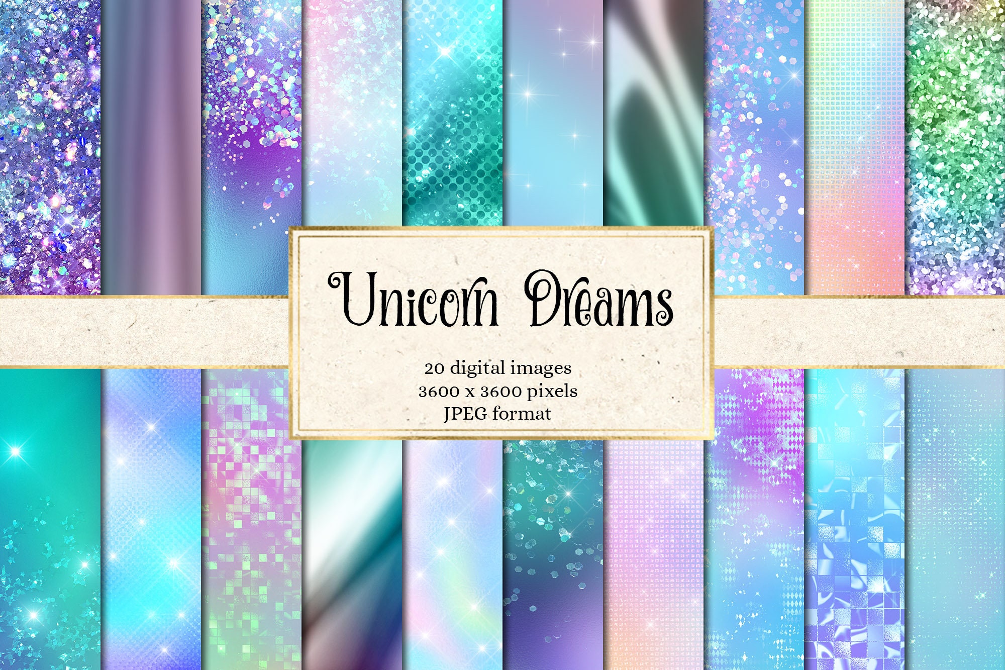 Unicorn Dreams Digital Paper, Glitter and Shimmer Backgrounds Rainbow ...