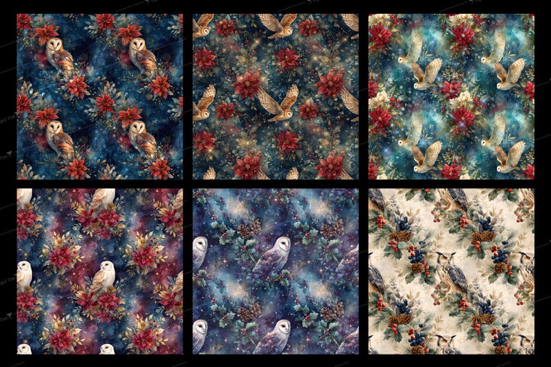 Winter Owls Digital Paper, Celestial Christmas Scrapbook Pages (digital ...