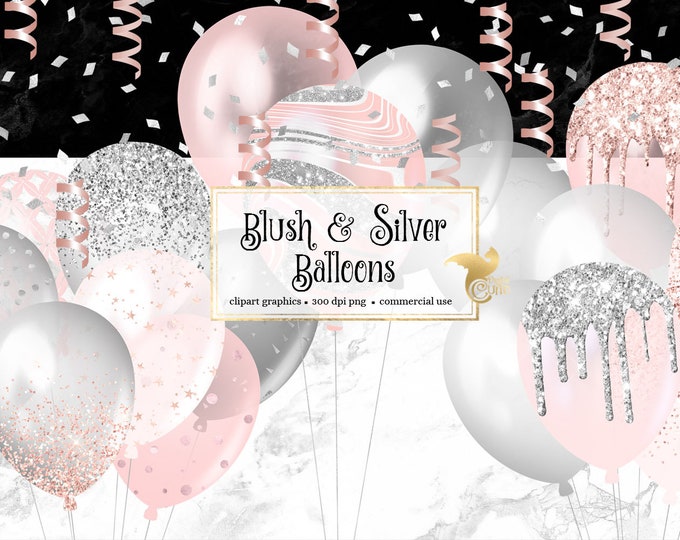 Pink and Black Balloons Clipart, Glitter Balloon PNG Digital Overlays ...