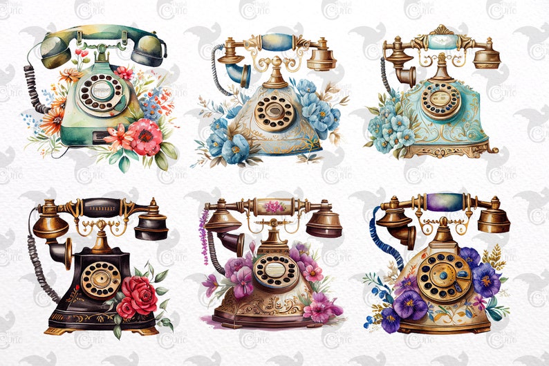 Watercolor Antique Telephones Clipart Vintage Floral Shabby - Etsy