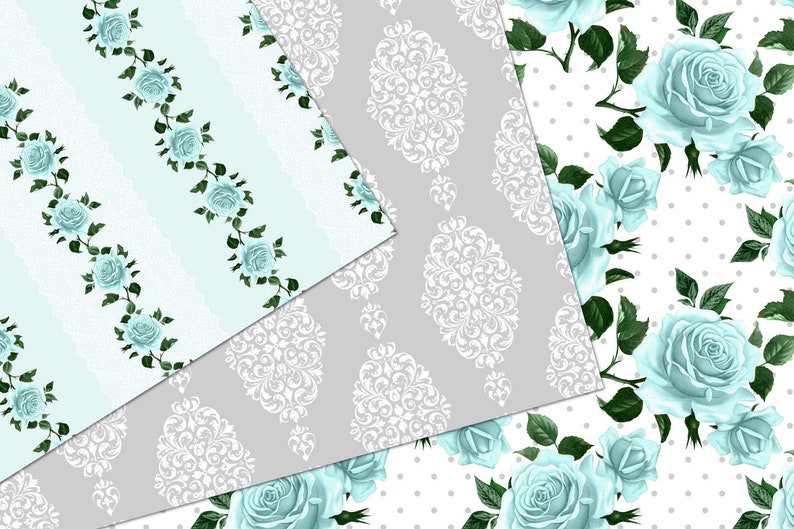 Aqua and Gray Shabby Digital Paper Seamless Floral Patterns | Etsy
