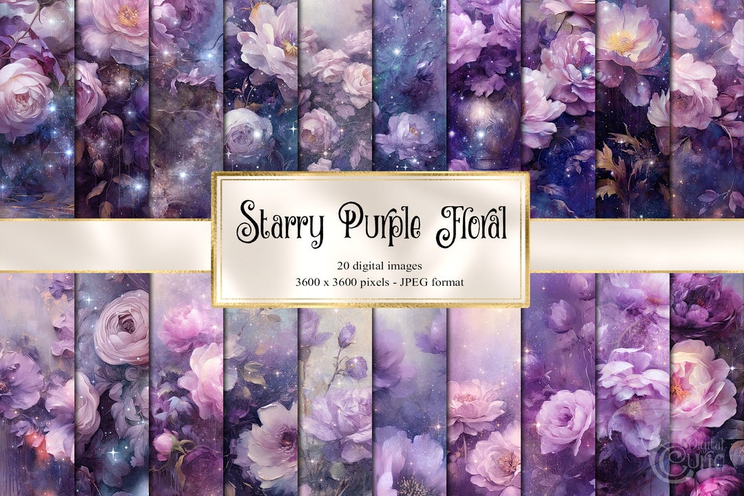 Starry Purple Floral Digital Paper, Celestial Digital Paper Fantasy ...