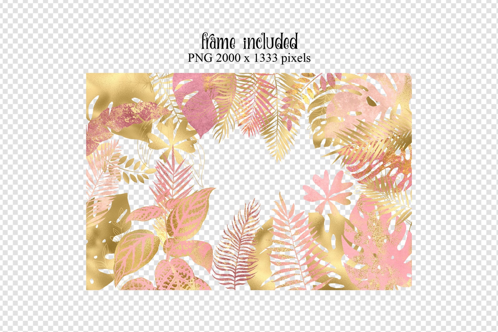 Pink and Gold Tropical Leaves Clipart, Pink Watercolor and Gold Foil ...