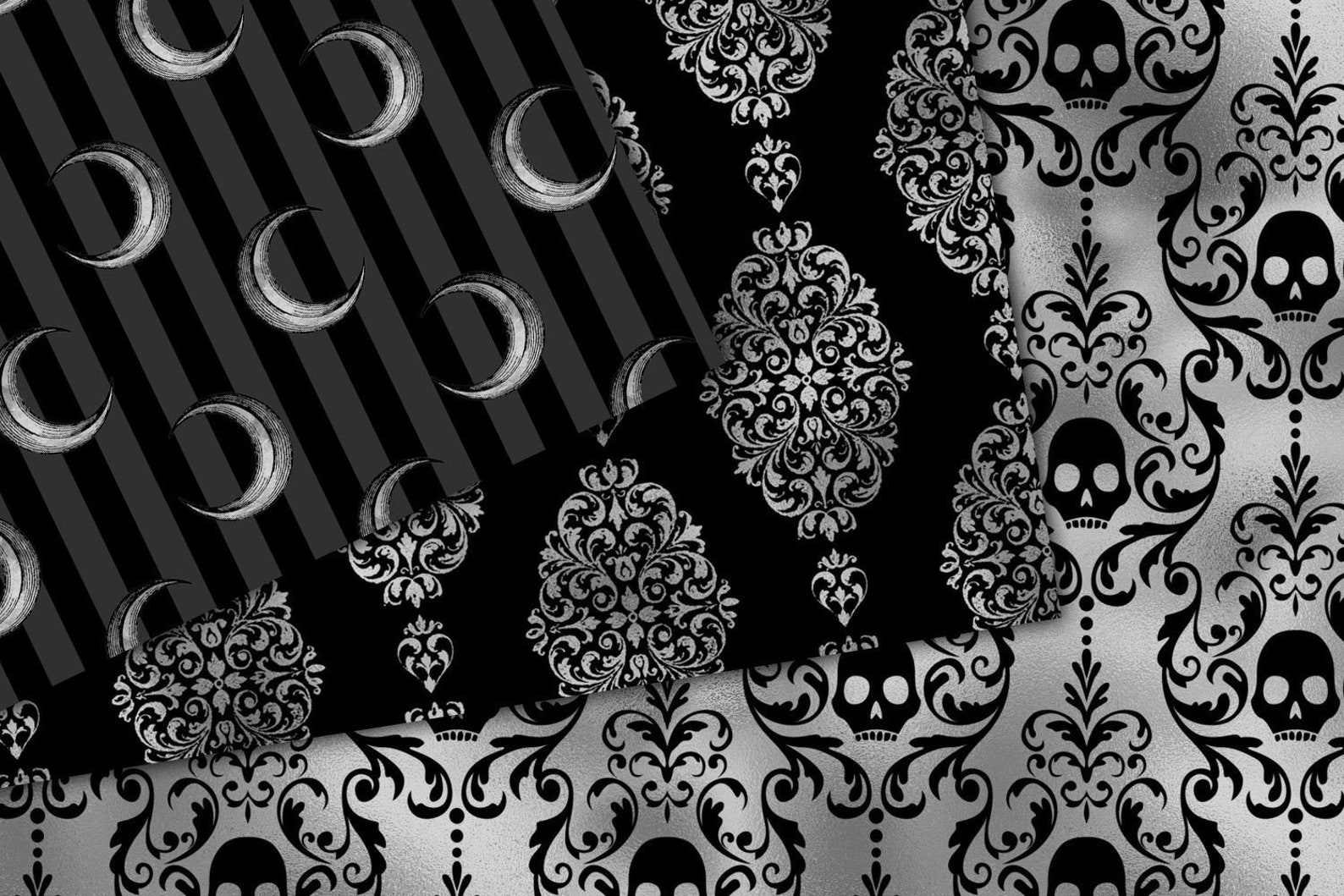 Black and Silver Halloween Digital Paper, Gothic Witch, Skull Patterns ...