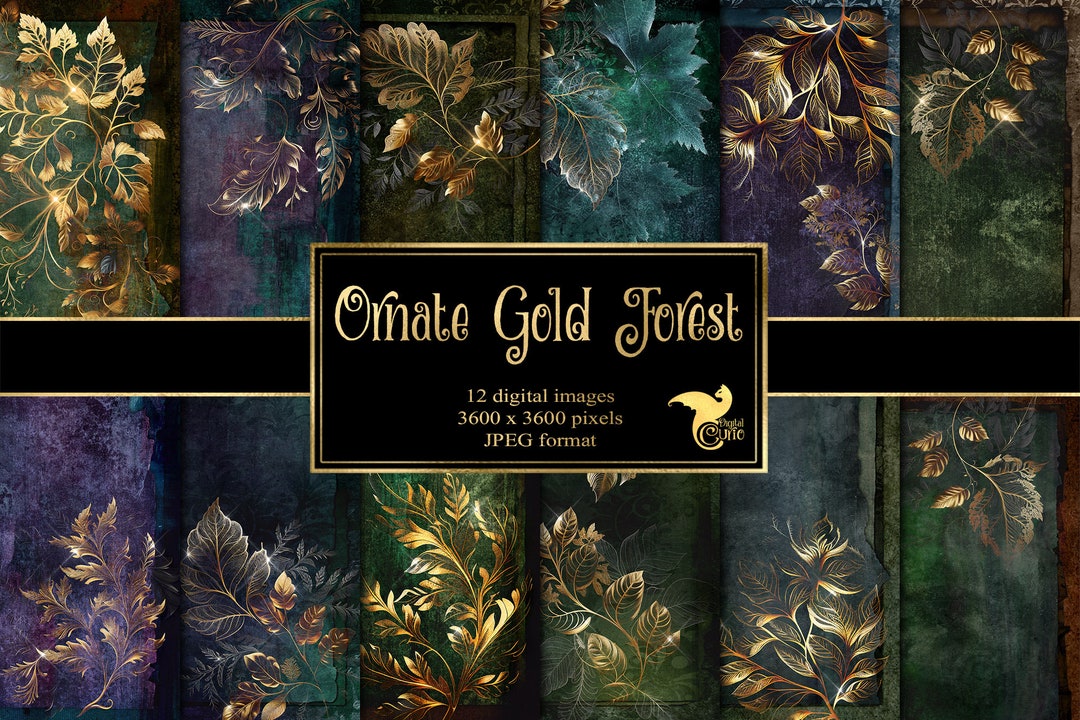 Ornate Gold Forest Digital Paper - Dark Green Woodland Grunge Textures ...