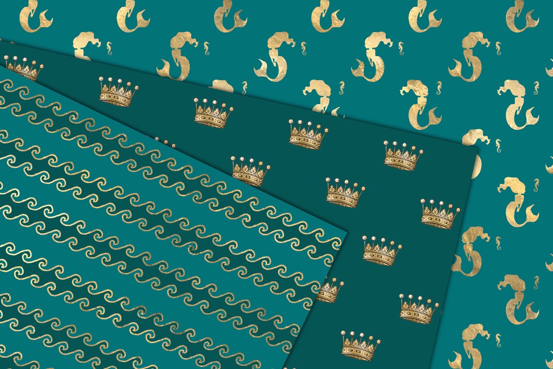Teal and Gold Mermaid Digital Paper Seamless Gold Mermaid - Etsy