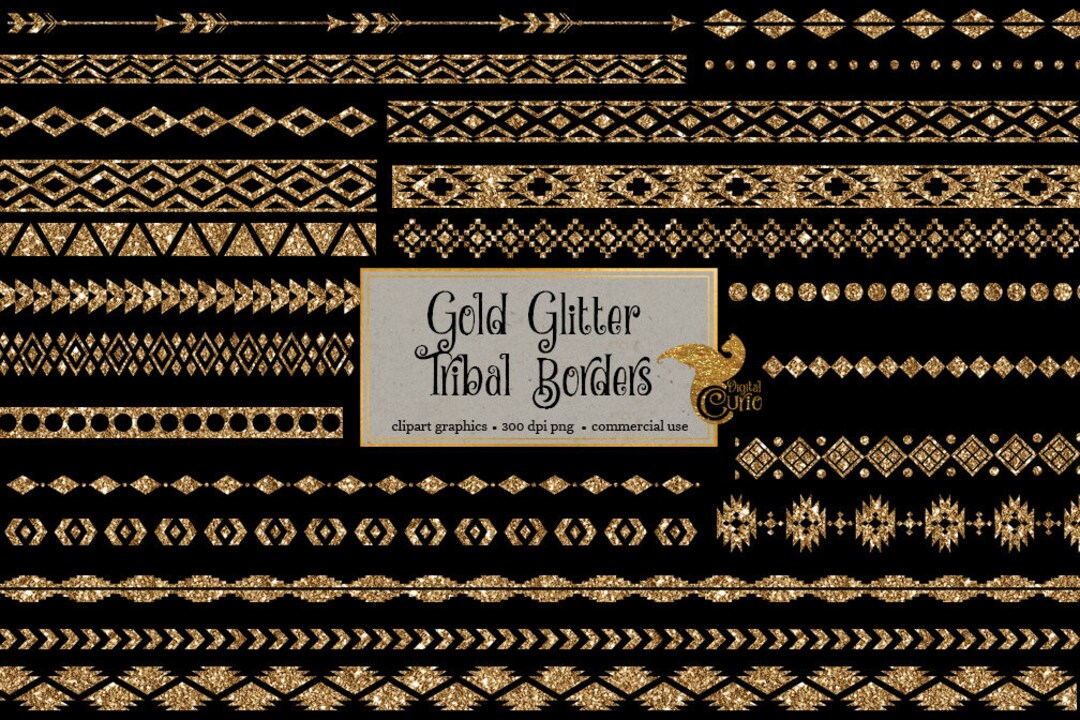 Gold Glitter Tribal Borders Clipart, Aztec Overlays (digital Download ...