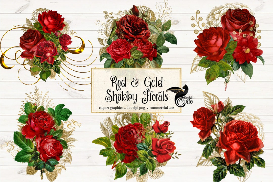 Red and Gold Shabby Floral Clip Art, Digital Instant Download Vintage ...