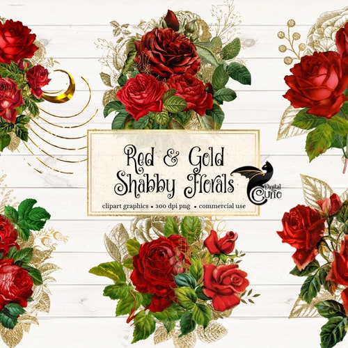 Red and Gold Floral Clip Art Clipart instant Download 22 - Etsy