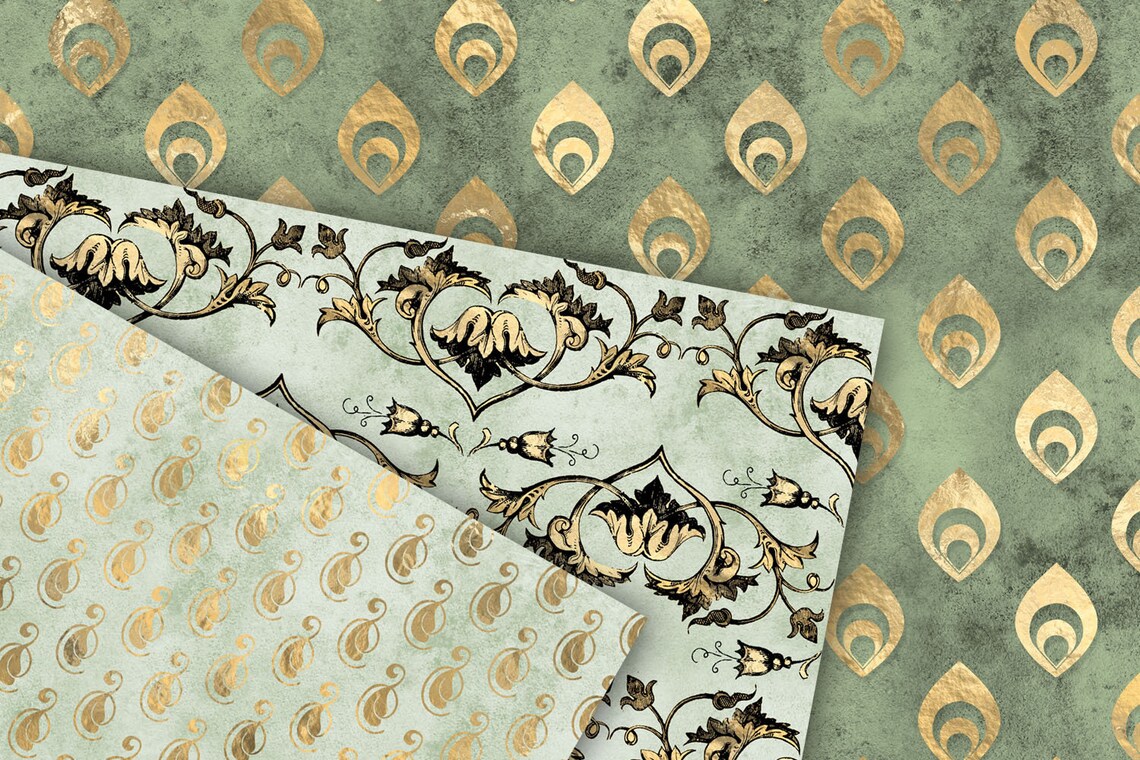 Sage and Gold Peacock Digital Paper Seamless Gold Foil - Etsy