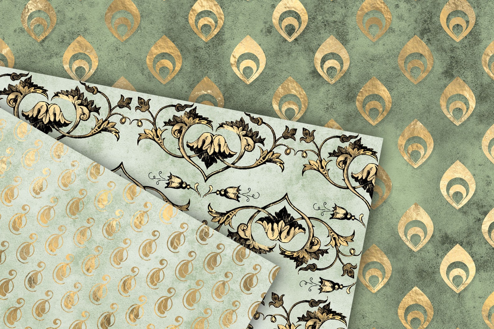 Sage and Gold Peacock Digital Paper Seamless Gold Foil | Etsy