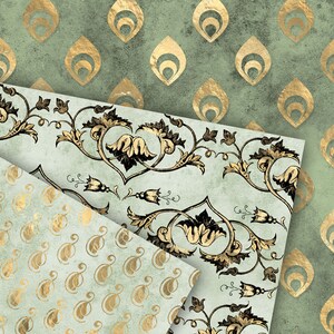 Sage and Gold Peacock Digital Paper, Seamless Foil Patterns (digital ...