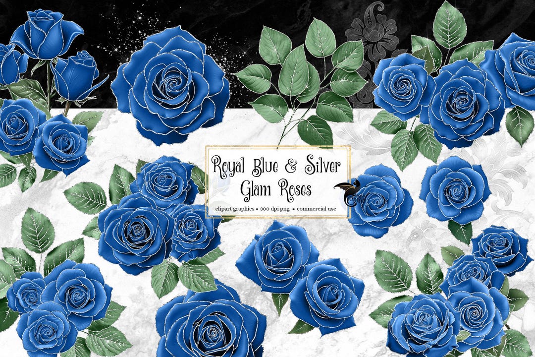Royal Blue Rose Clipart, Silver Glitter Flowers (digital Download) - Etsy