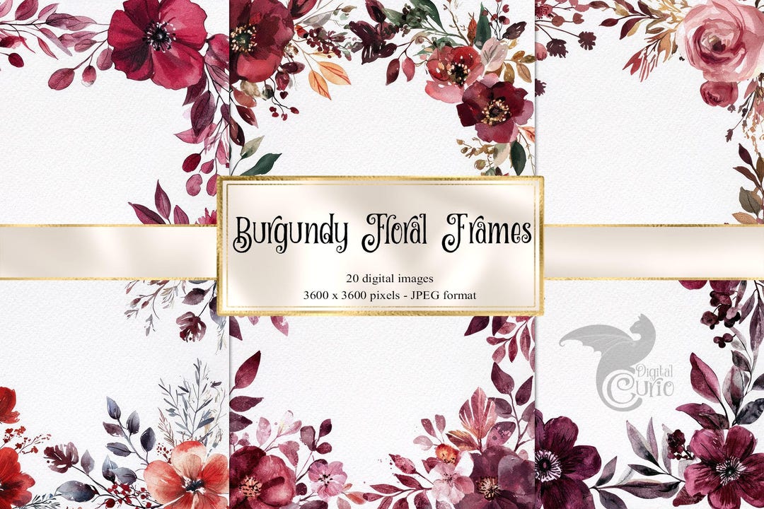Burgundy Floral Frame Digital Paper - Watercolor Printable Instant ...