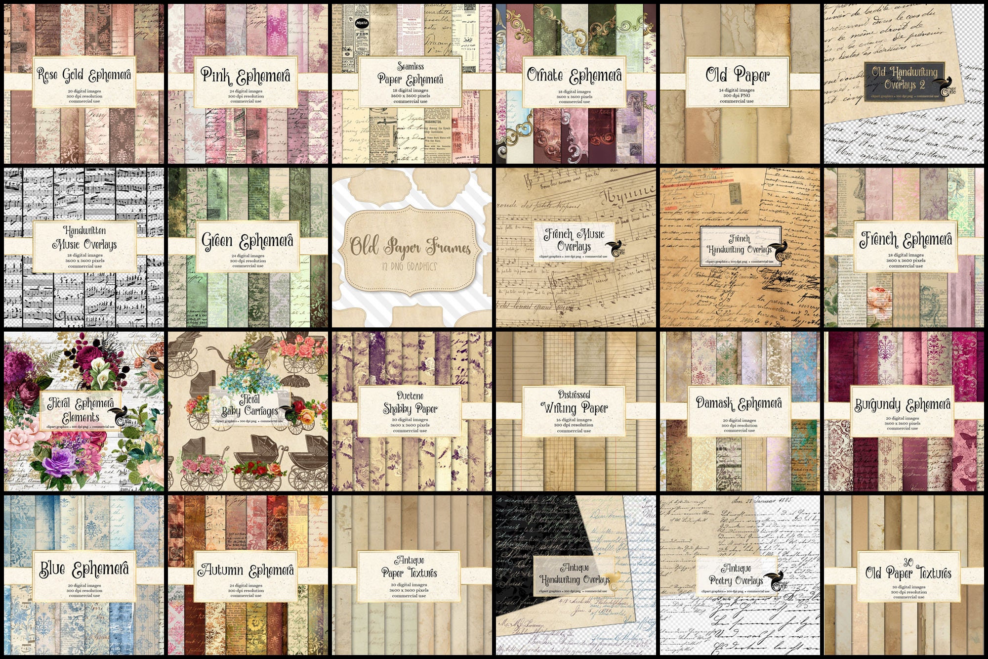 Vintage Ephemera Graphics Bundle, Digital Paper Clipart (digital ...