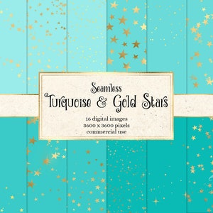 Turquoise and Gold Stars Digital Paper, Seamless Gold Star Patterns for ...