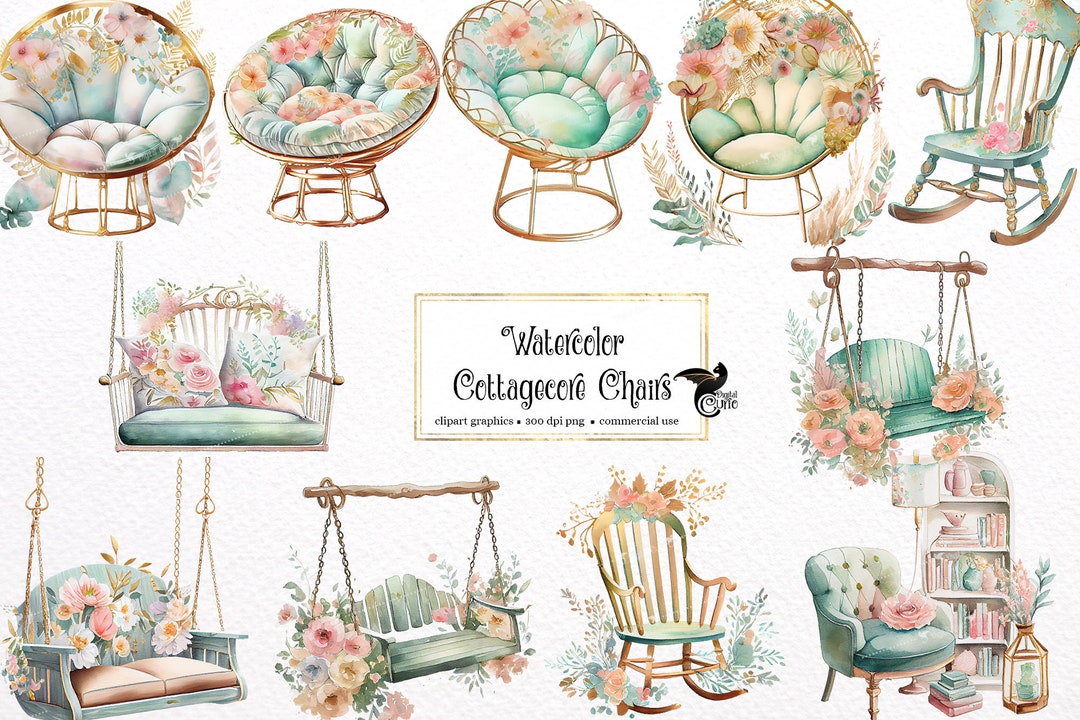 Watercolor Cottagecore Chairs Clipart – Floral Antique PNG (commercial ...