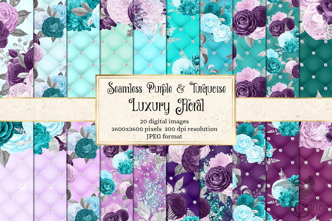 Purple Turquoise Floral Digital Paper – Seamless Diamond Backgrounds ...